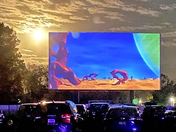 The massive screen comes alive with vibrant colors, transforming an ordinary field into a shared dreamscape for hundreds of moviegoers.