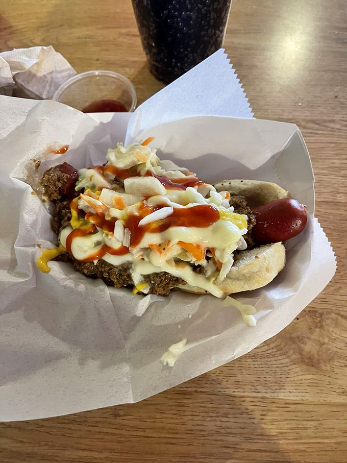 A masterpiece of meat and toppings &ndash; this loaded dog demonstrates why people drive across state lines for Uncle Franky's creations.
