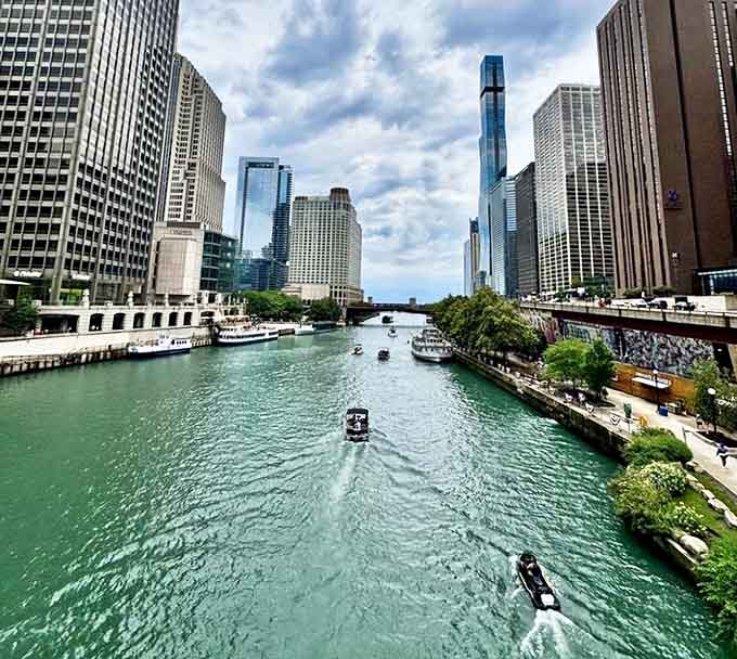 The Chicago River cuts through downtown like a liquid highway, its distinctive green waters carrying everything from kayaks to tour boats beneath soaring bridges.