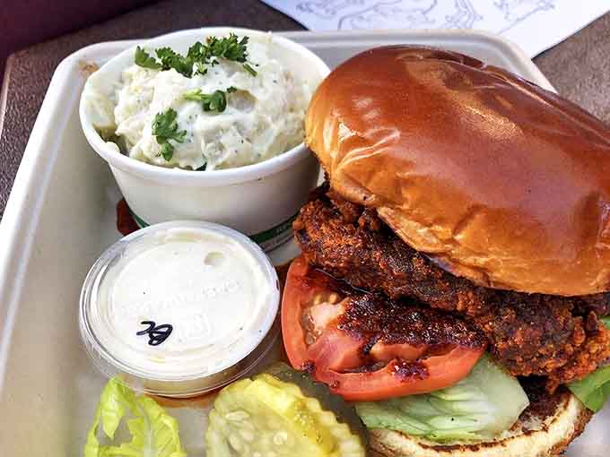 A perfect marriage: crispy chicken sandwich meets blue cheese potato salad in a union your taste buds will celebrate for days.