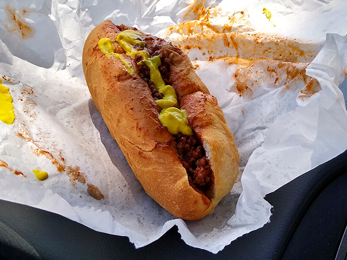 A classic chili dog with mustard &ndash; simple perfection that proves some recipes don't need updating, just respect for tradition.