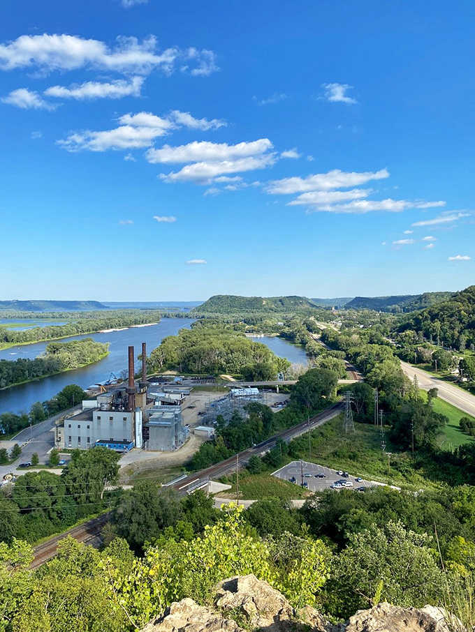 From this vantage point, Red Wing unfolds like a miniature model town, with the mighty Mississippi slicing through the landscape below.