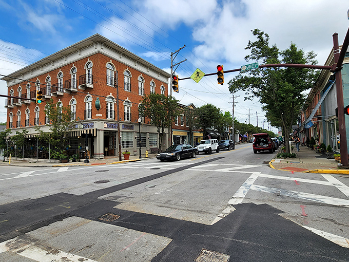 The intersection of past and present &ndash; Milford's historic brick buildings frame modern life while maintaining their 19th-century dignity and charm.