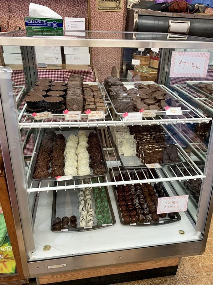 The refrigerated case holds handcrafted chocolates that look almost too beautiful to eat, emphasis on almost.