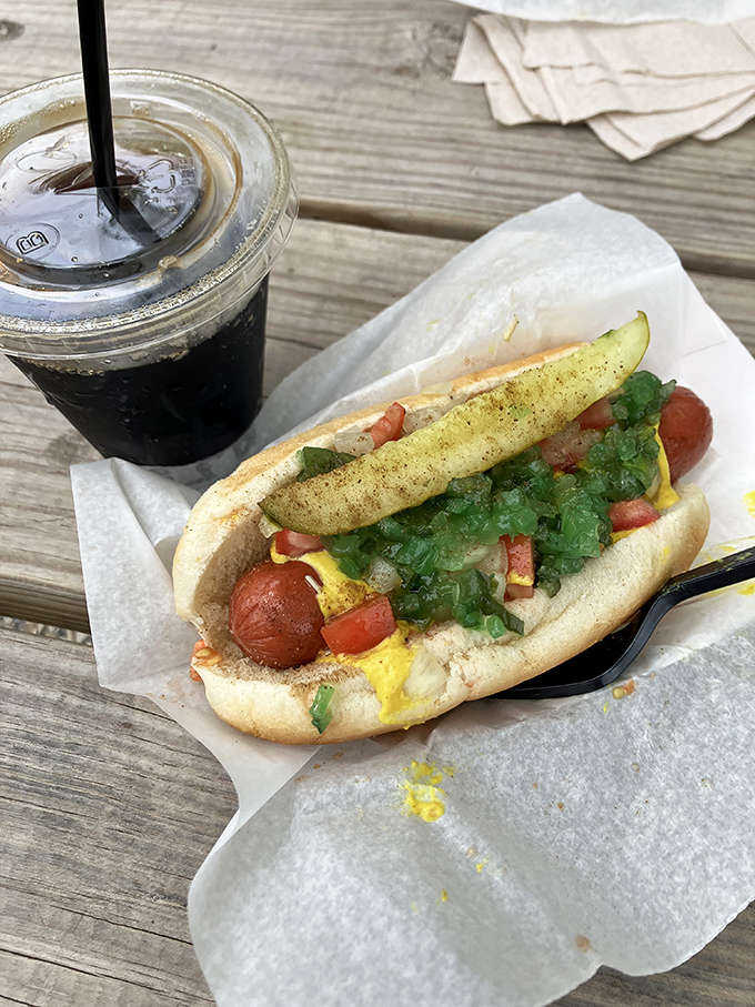 Chicago meets Michigan in this loaded dog, sporting the traditional Windy City toppings that transform a simple hot dog into an architectural challenge.