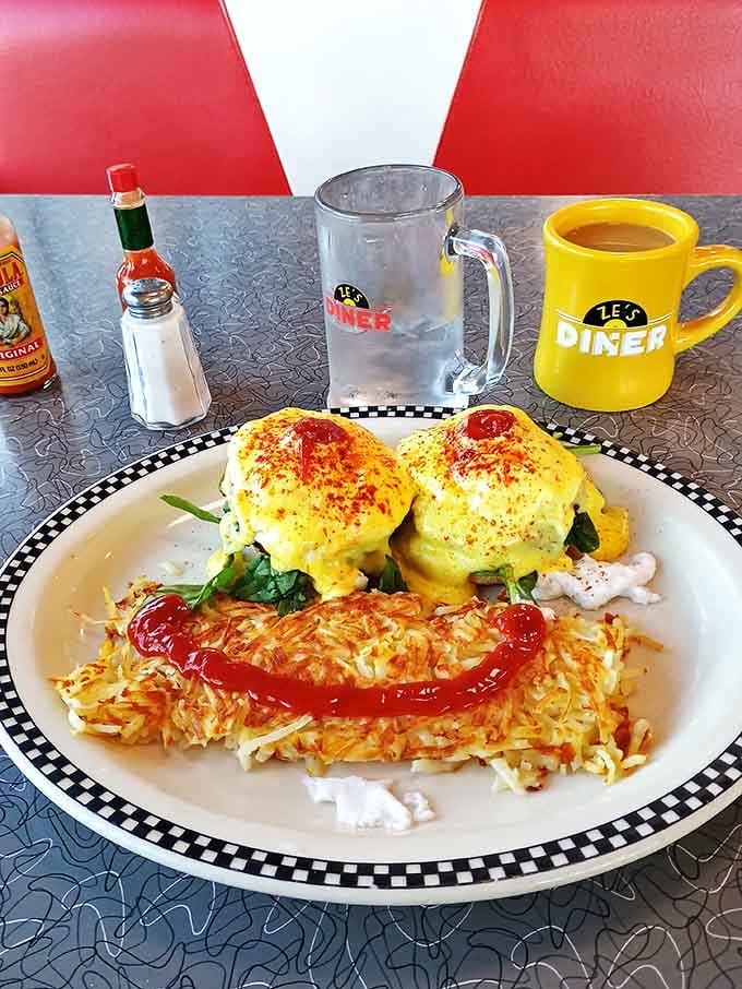 Eggs Benedict with a smile! Those golden yolks and creamy hollandaise create a breakfast masterpiece that's worth getting out of bed for.