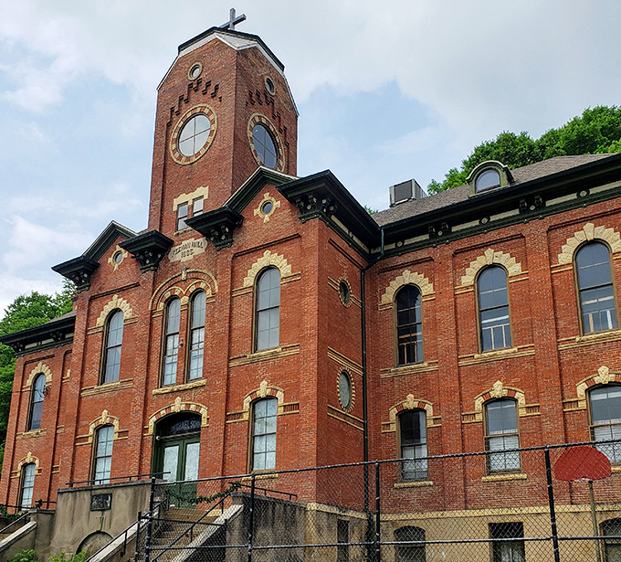 Feenan Hall stands as a testament to Victorian architectural grandeur, its brick facade and clock tower watching over Galena for generations.