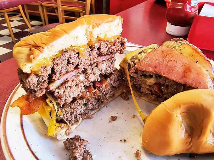Frank's legendary F-Bomb Burger isn't for the faint of heart &ndash; multiple beef patties and bacon create a towering monument to burger artistry.