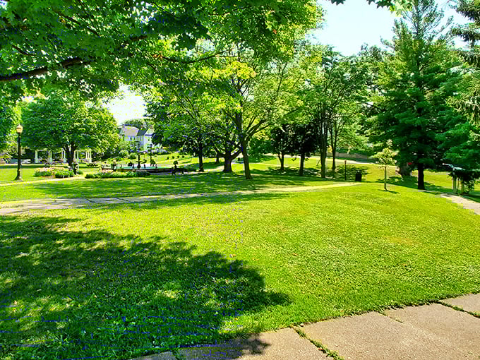 A verdant oasis where locals and visitors alike gather under the shade of century-old trees to escape the summer heat.
