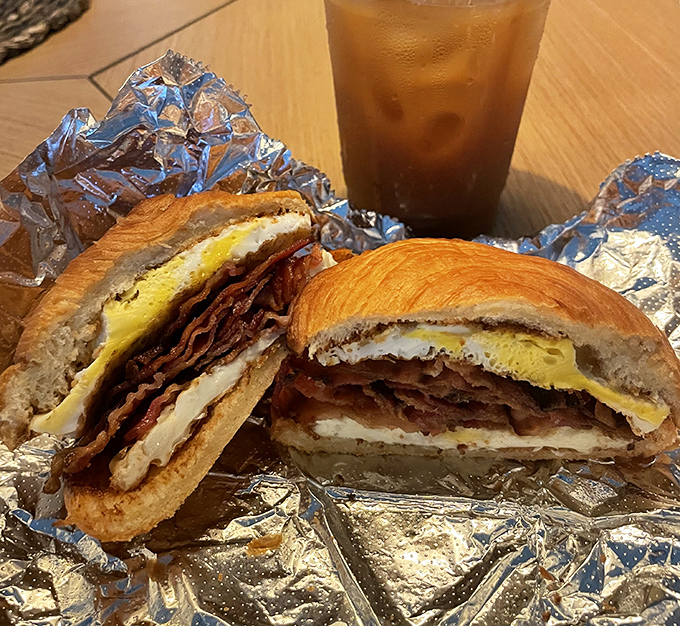 Breakfast sandwich perfection: eggs, cheese, and ham nestled in a croissant that would make French bakers weep with joy.