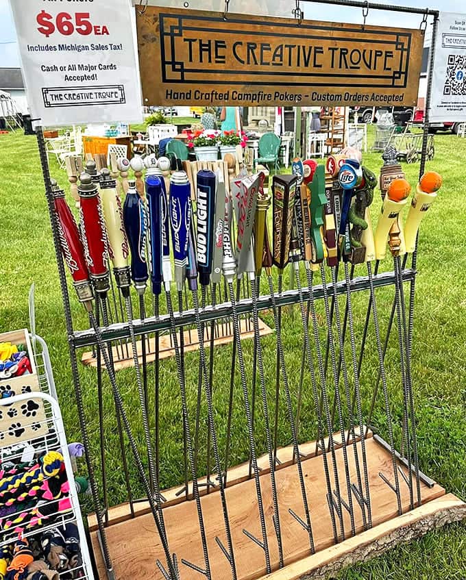 Handcrafted Campfire Pokers: Beer tap handles find new life as campfire pokers &ndash; proof that upcycling can be both functional and conversation-starting.