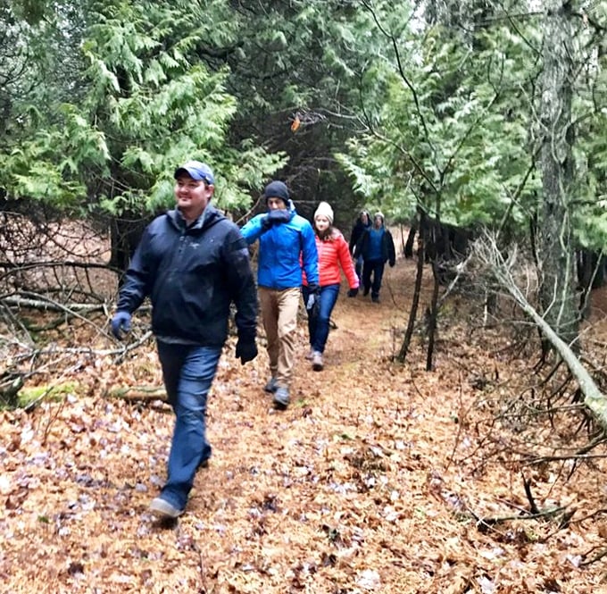 Hikers explore leaf-covered trails in autumn, when Mother Nature shows off her artistic side with a palette of reds and golds.