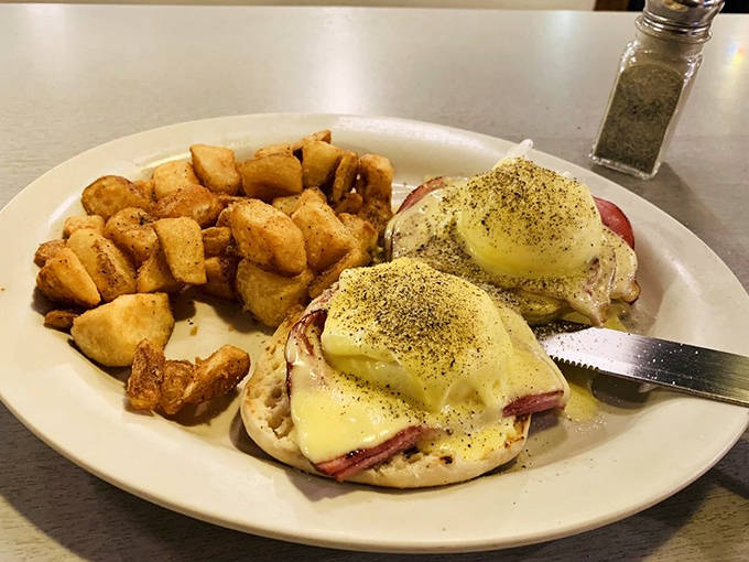 Eggs Benedict that would make a brunch purist weep with joy. Those crispy potatoes aren't just a side &ndash; they're an essential supporting character in this breakfast drama.