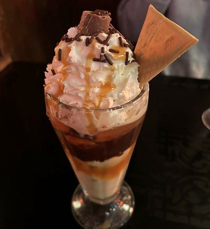 Layers of chocolate, caramel, and whipped cream create a sundae architecture that would make Frank Lloyd Wright jealous.