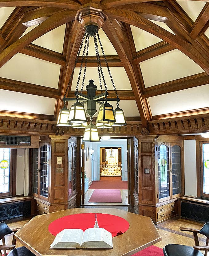 Wooden beams create a cathedral-like sanctuary where whispers echo and time slows down. Medieval meets Midwest in perfect harmony.