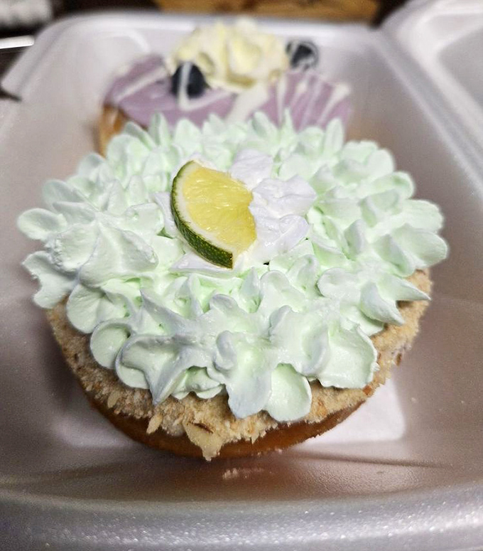 The Key Lime Pie donut brings Florida's signature dessert to breakfast with its mountain of lime-infused cream and fresh citrus garnish.