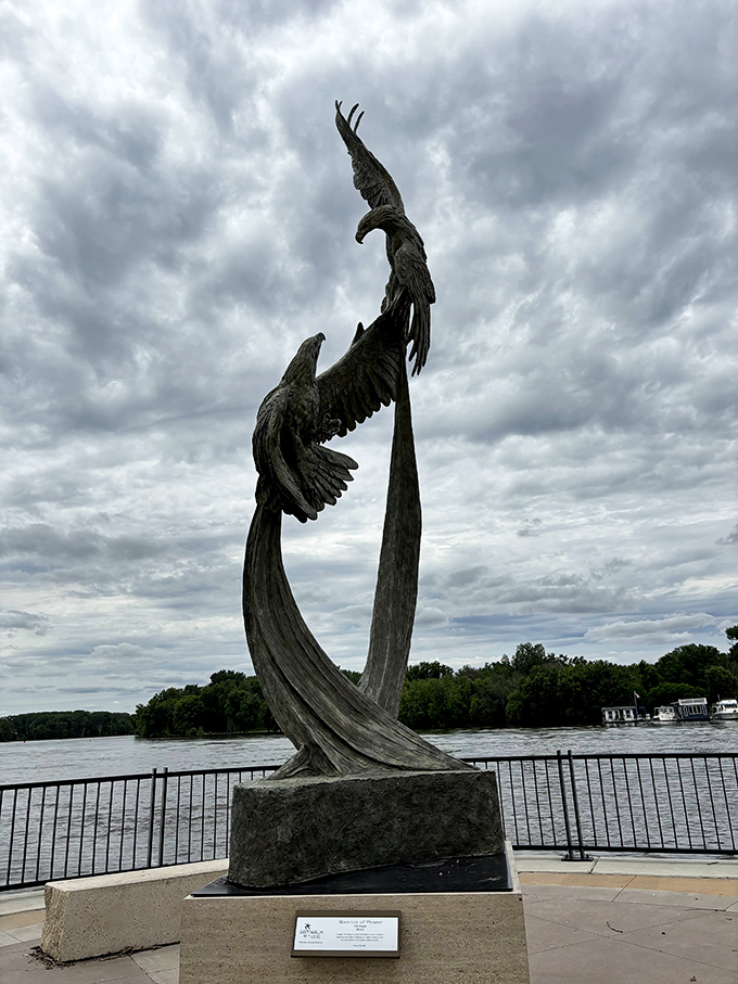 Levee Park's riverside promenade features this magnificent eagle sculpture, capturing the majestic birds that soar above the Mississippi's waters.