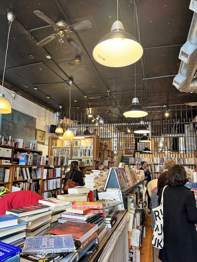 The main floor stretches before you like a paper ocean, with wooden shelves creating islands of genres and topics to explore.