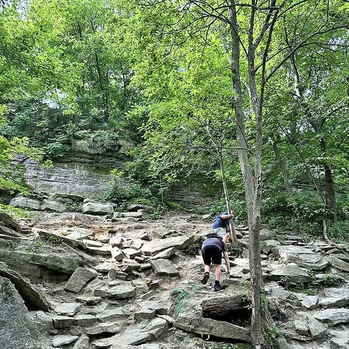 The stone steps leading to the base of the falls offer an adventure for those willing to make the climb.