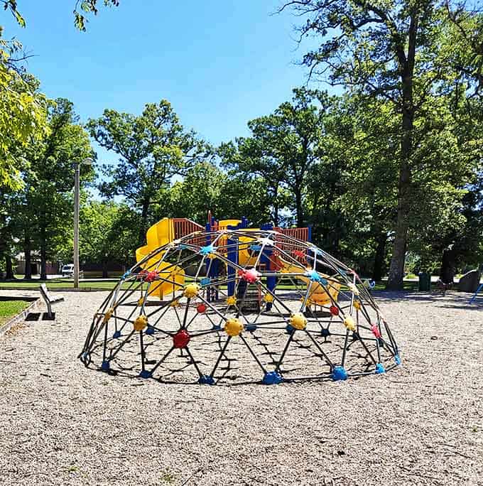 The colorful playground equipment at Lehigh Memorial Park stands ready for family fun, a perfect spot for little explorers to burn energy between canyon hikes.