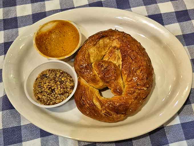 Not just any pretzel&mdash;this Bavarian beauty boasts a properly chewy interior and mahogany crust, served with mustard and cheese for dipping perfection.
