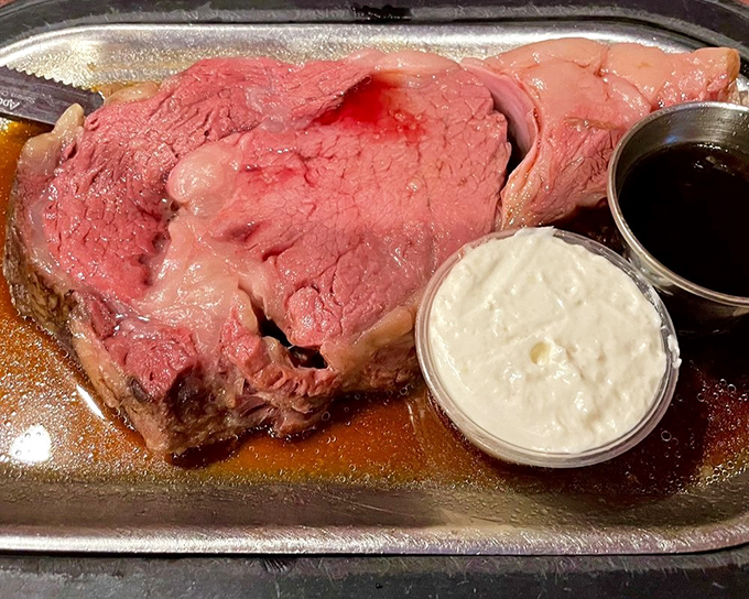 Pink in the middle, perfectly seasoned on the outside &ndash; this prime rib has been perfected over decades, not rushed to follow food trends.