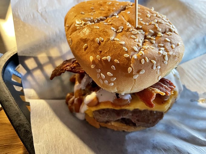 Behold the sesame-seeded beauty! This bacon cheeseburger masterpiece demonstrates why Top Dawg's has earned its cult following.
