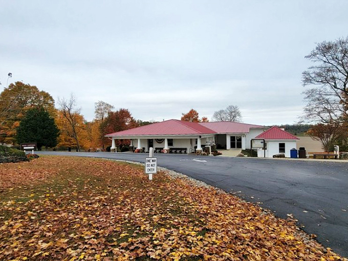 The visitor center sits quietly above ground, giving no hint of the spectacular geological wonderland hidden beneath those autumn leaves.
