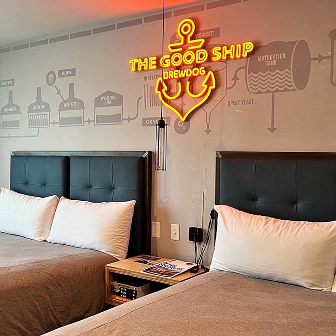 "The Good Ship BrewDog" neon sign illuminates guest rooms, where beer diagrams on the wall serve as both decoration and late-night education.
