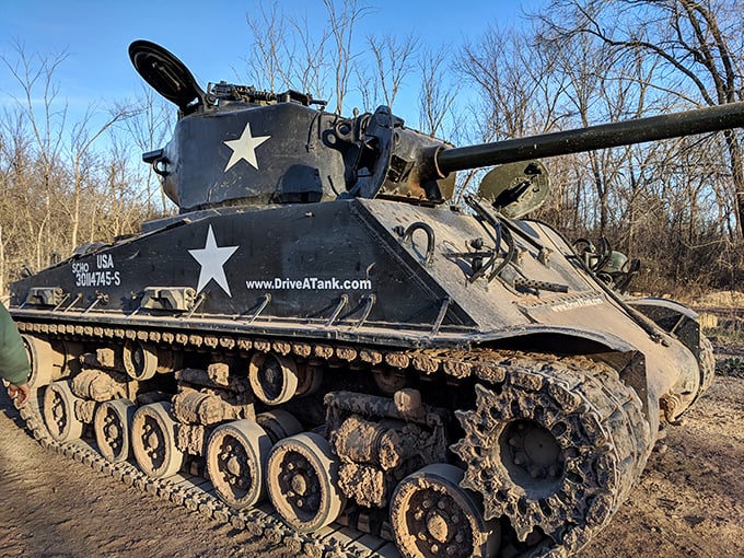 American muscle: The iconic Sherman tank, star of countless WWII films, sits ready for your driving pleasure with its distinctive star emblem.