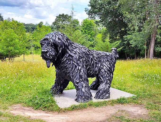 Don't let this rubber dog fool you &ndash; despite looking ready for a belly rub, he's actually an impressive sculpture made from recycled materials.