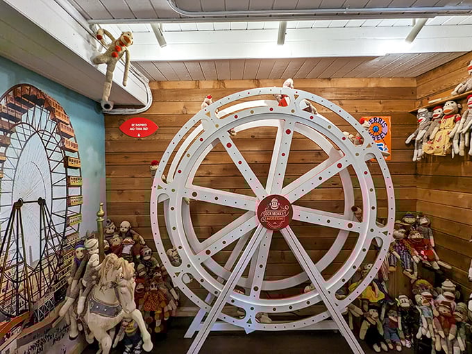This custom-built sock monkey Ferris wheel keeps its tiny passengers in perpetual motion, a whimsical centerpiece of the museum.
