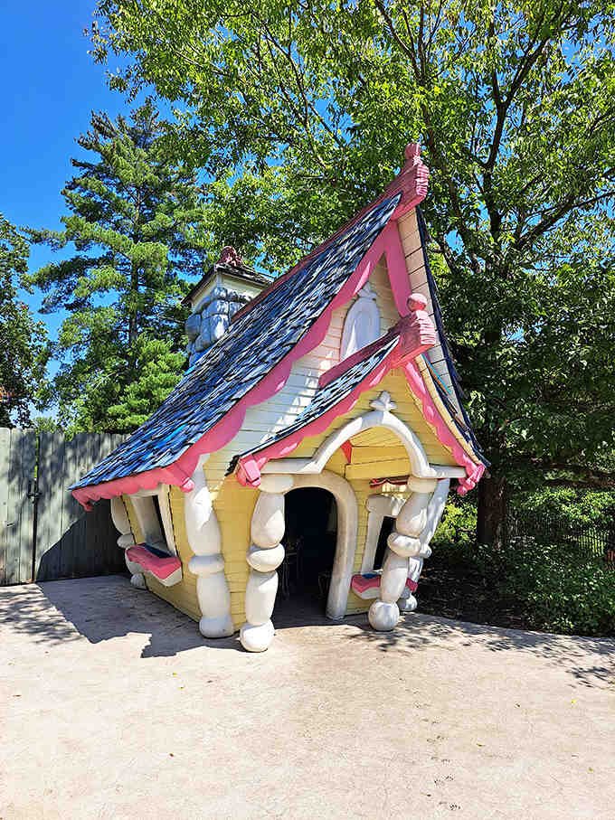 This crooked yellow cottage with its dramatically sloped roof looks like it was plucked straight from the pages of a Brothers Grimm tale.