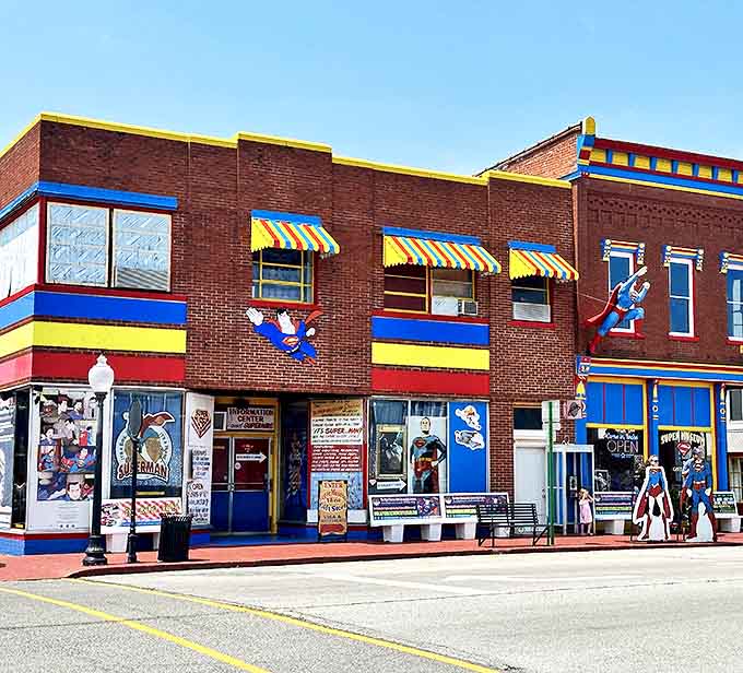 The Super Museum's exterior bursts with primary colors and comic book energy, beckoning visitors to explore the treasure trove of memorabilia inside.