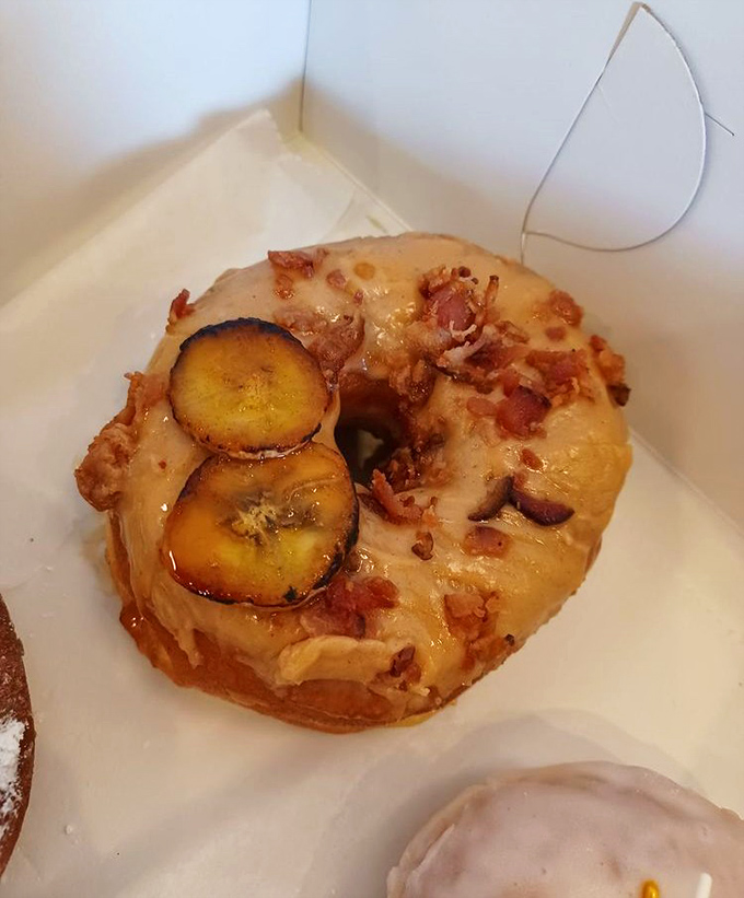 The Elvis lives on in donut form &ndash; banana, bacon, and what appears to be a peanut butter glaze creating a tribute fit for The King.