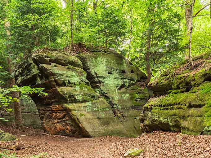 Massive sandstone formations tell Earth's ancient story, their weathered faces revealing millions of years of geological patience.