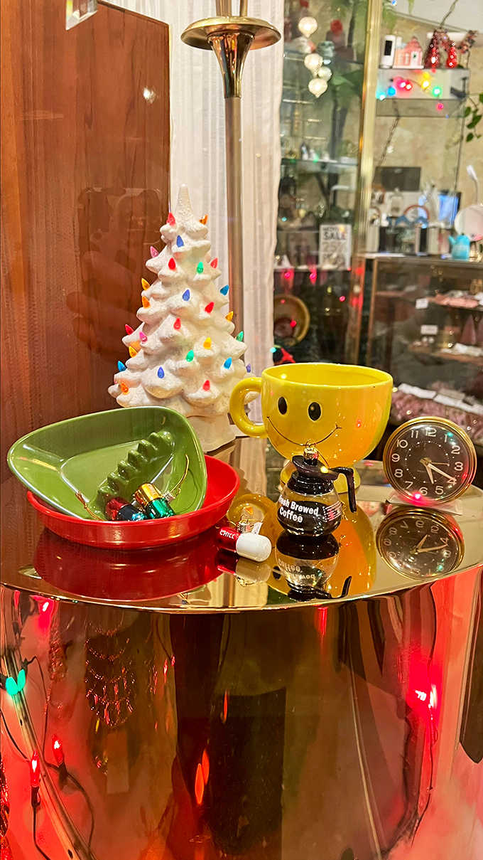 Even a ceramic Christmas tree gets the vintage treatment here, complete with colorful lights and that nostalgic charm that modern holiday decor just can't replicate.