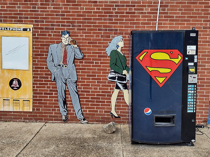 Even Clark Kent and Lois Lane get their moment on the wall, forever frozen in their mild-mannered reporter personas beside a very super vending machine.