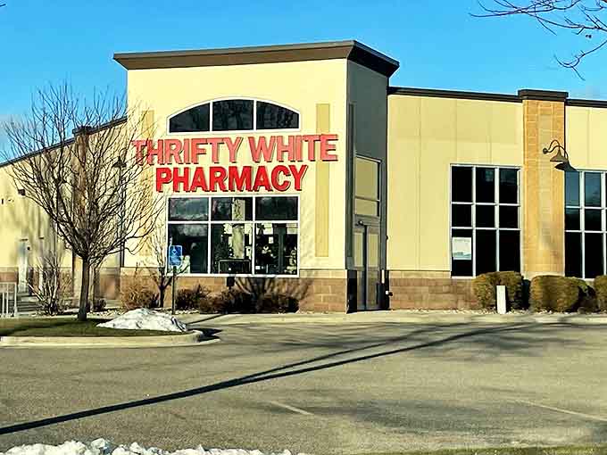 Thrifty White Pharmacy stands ready to serve both locals and visitors, maintaining that essential small-town convenience.