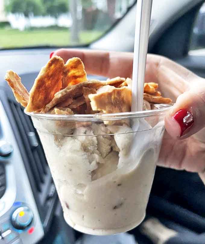 A vegan shake that could convert carnivores, topped with waffle pieces that add the perfect textural contrast to creamy perfection.