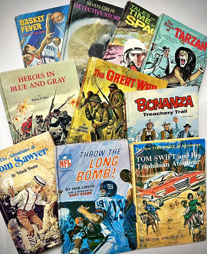 Childhood classics line these shelves, from Tom Sawyer to Bonanza, each book a time capsule of imagination from generations past.