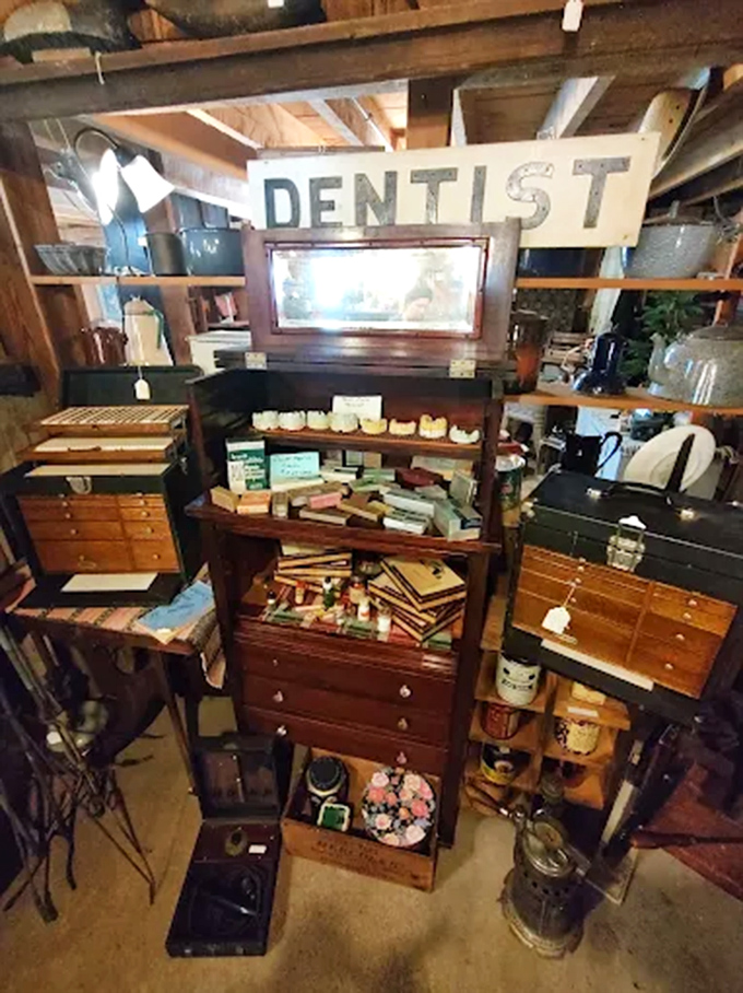 Not for the faint-hearted! This vintage dentist cabinet display might make your teeth ache, but the historical craftsmanship is undeniable.