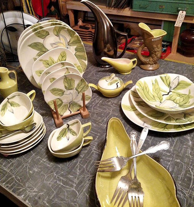 Grandmother's dinnerware never looked so appealing &ndash; this vintage set with delicate leaf patterns waits patiently for its next Sunday dinner debut.
