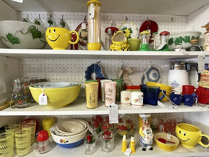 Cheerful yellow kitchenware brings sunshine to any vintage kitchen collection &ndash; those smiley face mugs haven't lost their optimism decades later!