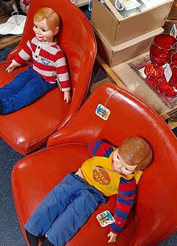 These vintage dolls with their knowing expressions and bright outfits look like they might start chatting among themselves after closing time.