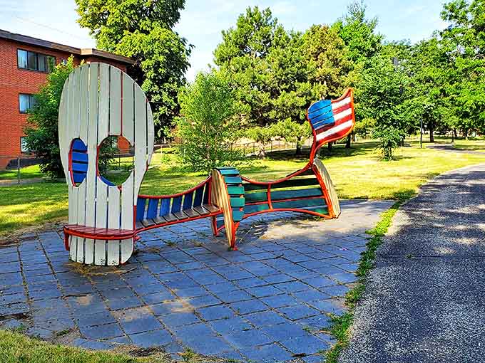 The wooden skull bench offers both philosophical contemplation and a practical place to rest &ndash; mortality never looked so comfortable!