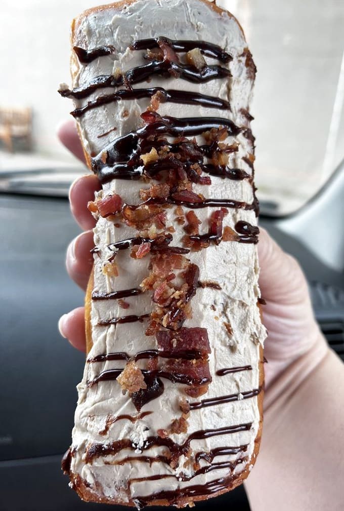 Maple bacon long johns are proof that breakfast meats and desserts can live together in perfect harmony.