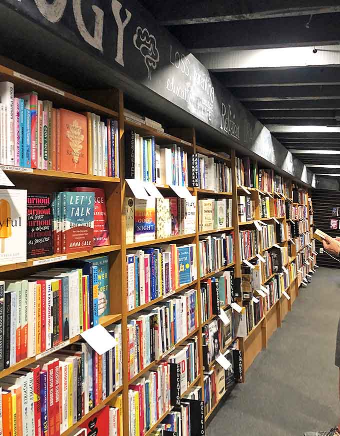 The basement level feels like stumbling into a secret literary speakeasy, where mystery novels appropriately lurk in atmospheric shadows.
