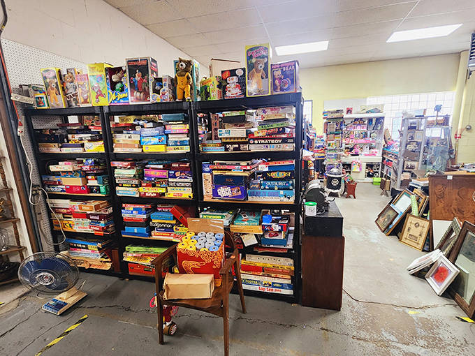 Board games stacked floor to ceiling promise family fun from eras when entertainment didn't require batteries or Wi-Fi connections.