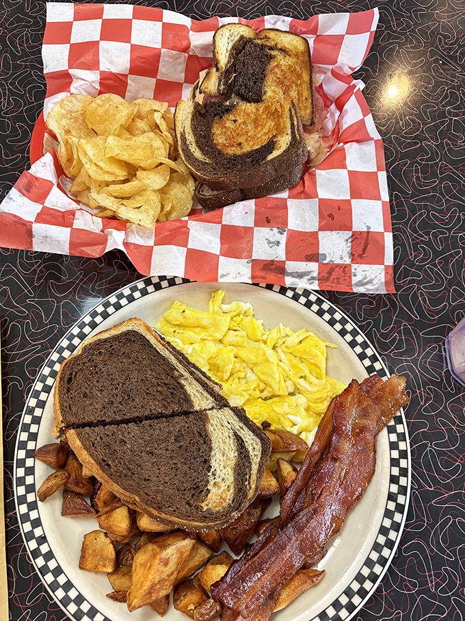 Marbled rye toast, crispy bacon, and eggs cooked just right – sometimes the simplest breakfast combinations are the most satisfying culinary symphonies.